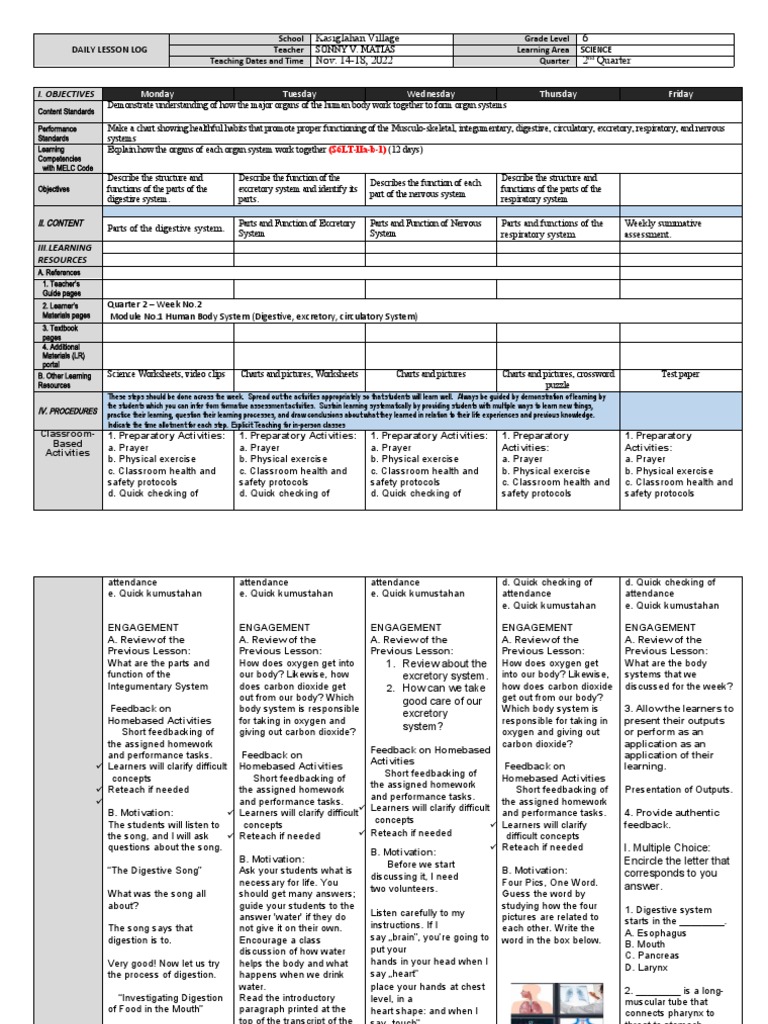 Dll-Science 6, q2 Week 2 | PDF | Respiratory Tract | Human Body