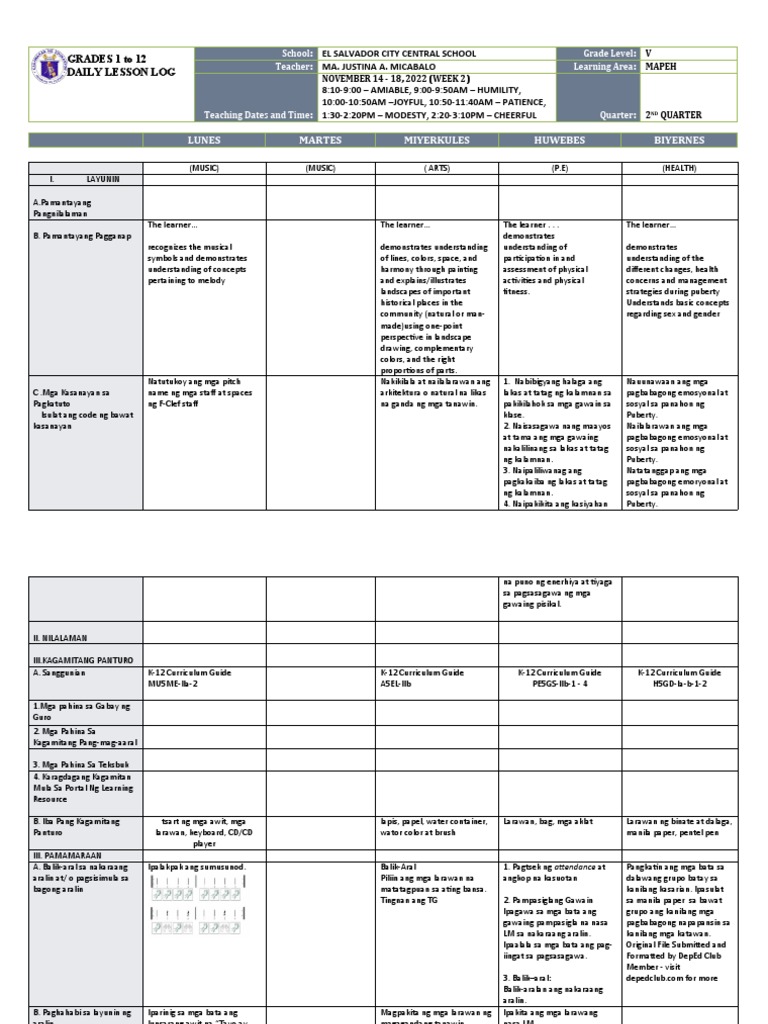 DLL - Mapeh 5 - Q2 - W2 | PDF