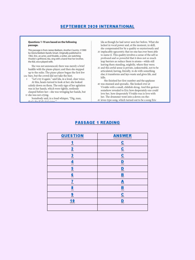 SAT September 2020 Int'l. Answer Key | PDF