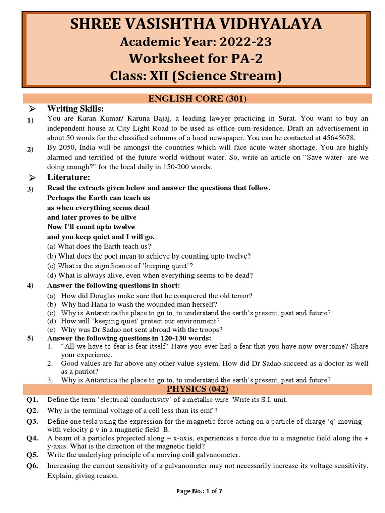 Std-12 Science PA-02 Worksheet 2022-23 | PDF | Electrical Resistivity ...
