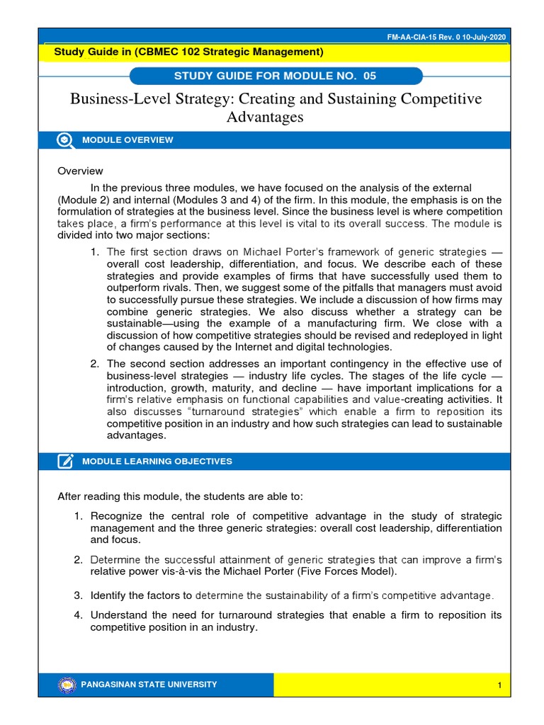 CBMEC 102 Strategic Management Study Guide Module 05 | PDF | Strategic Management | Competitive ...