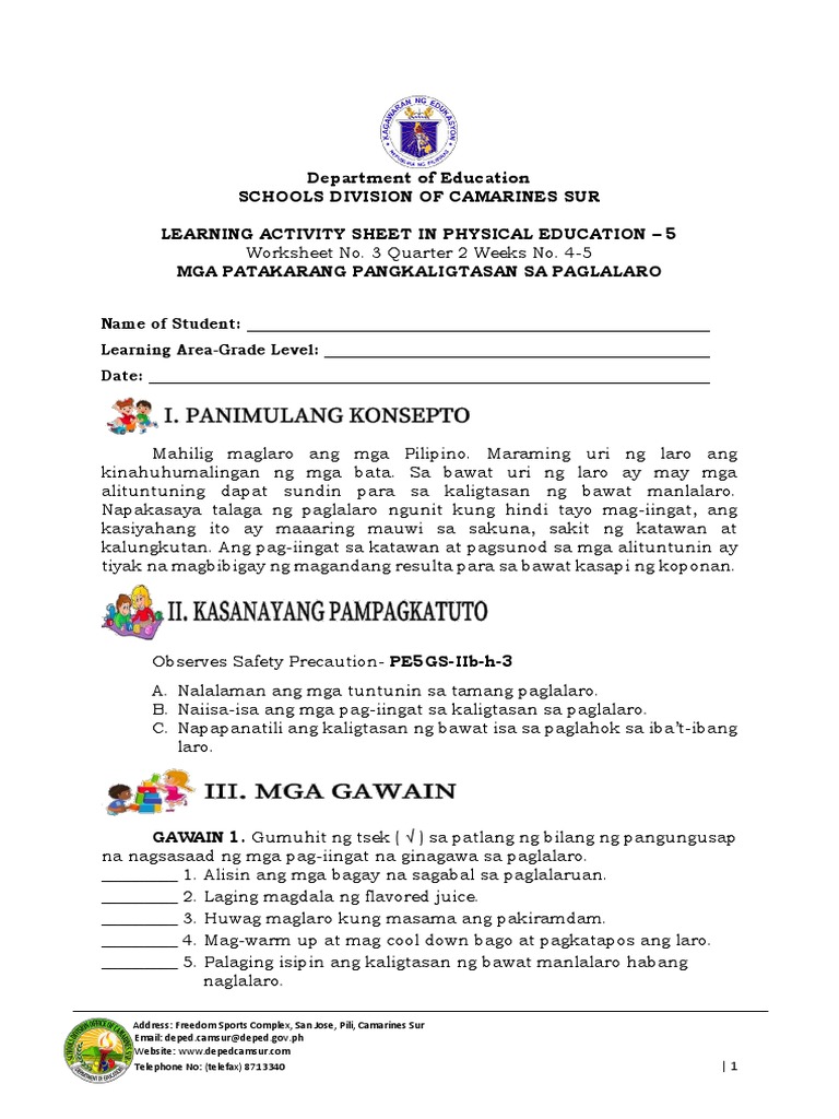 LAS3 - Weeks4-5 - PE - 5 - MGA PATAKARANG PANGKALIGTASAN SA PAGLALARO | PDF