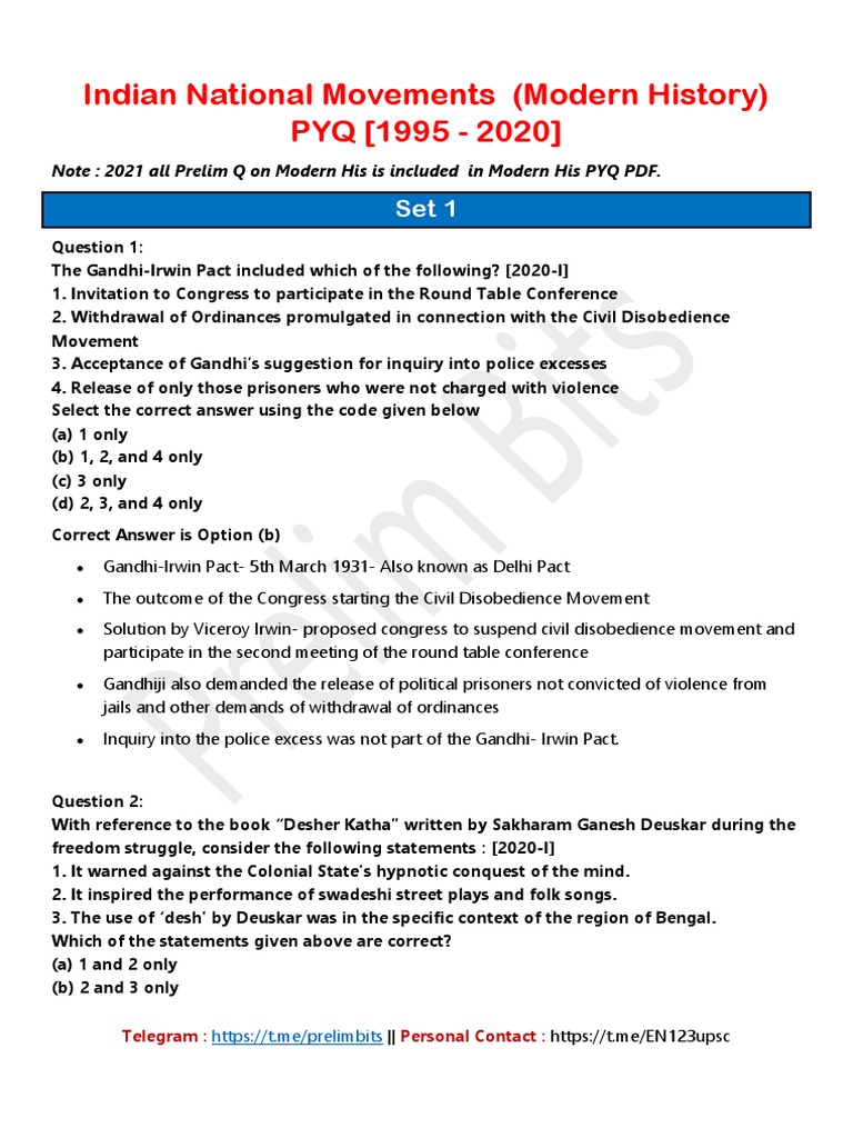 UPSC Modern History PYQs | PDF | Mahatma Gandhi | Indian Independence Movement