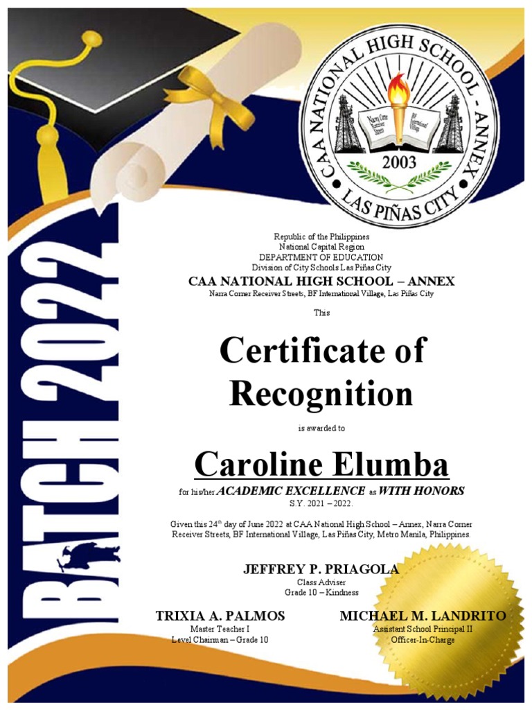 CERTIFICATE Grade 10 Certificate of Recognition 2022 | PDF