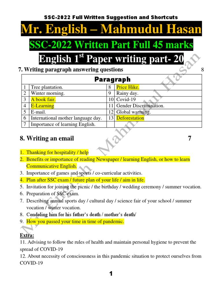 SSC 2022 Full Written Part (45marks) Suggestion and Shortcuts by Mr. English Mahmudul Hasan | PDF