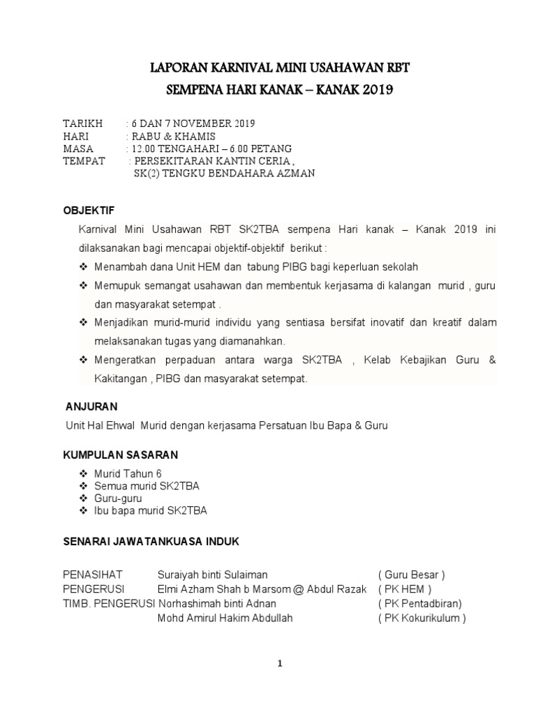 Laporan Karnival Mini Usahawan RBT 2020 | PDF