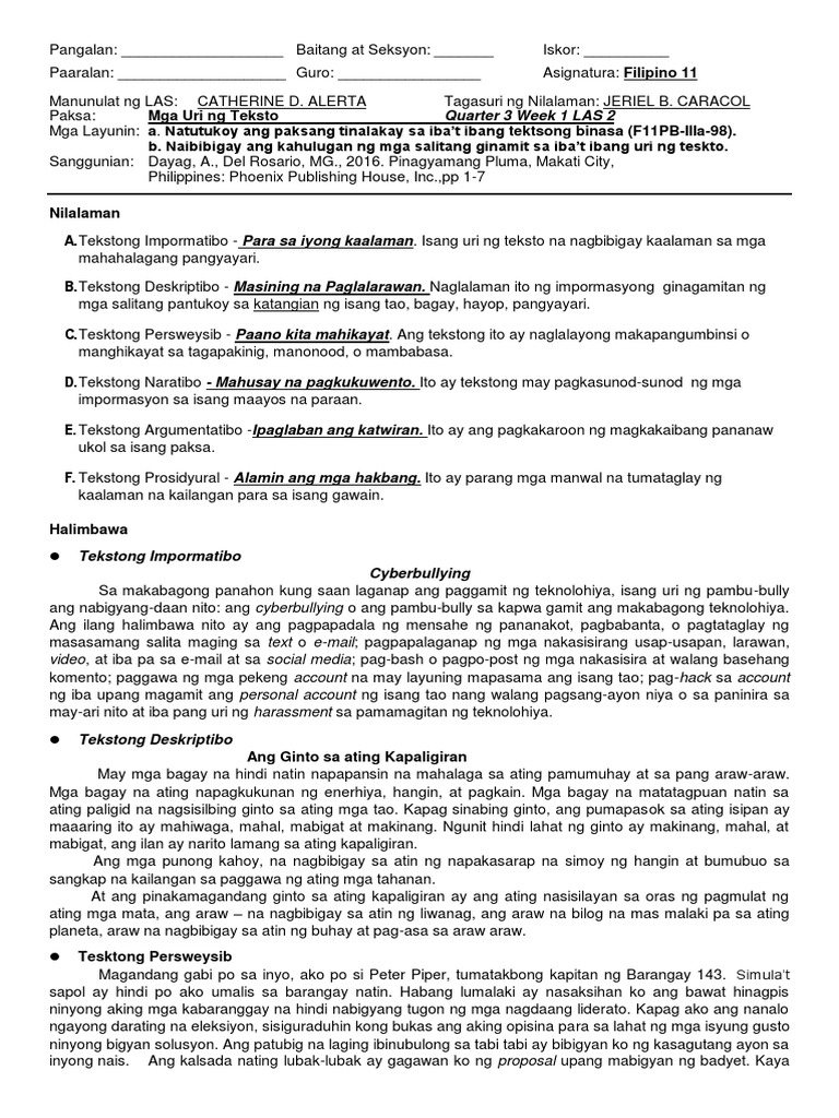 Filipino 11 Quarter 3 Week 1 Las #2 | PDF