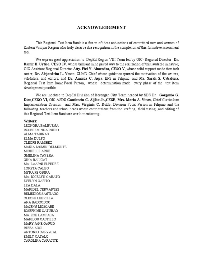 Filipino Elementary ACKNOWLEDGMENT Borongan | PDF