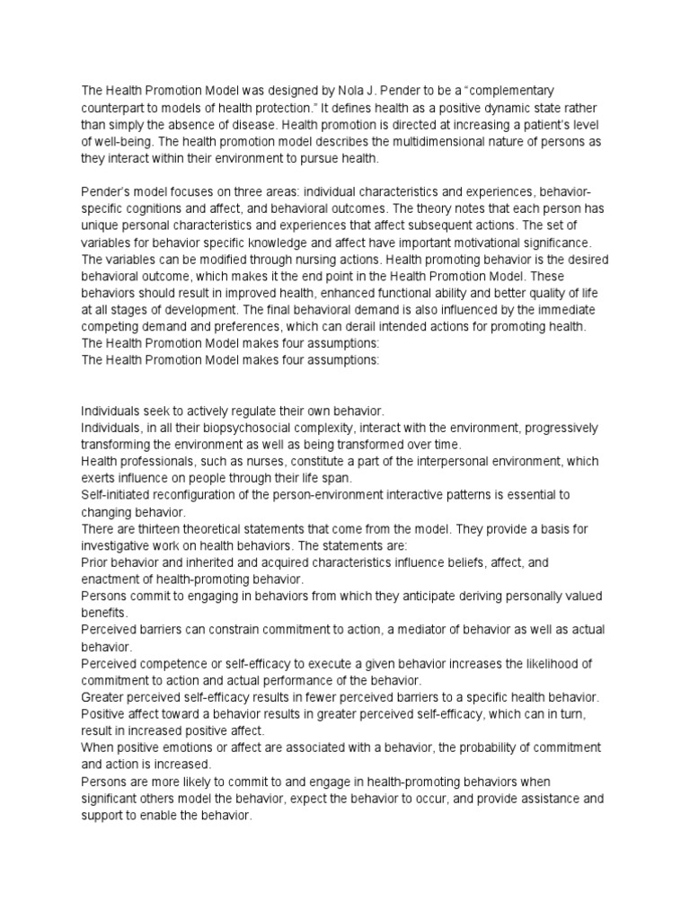 The Health Promotion Model Was Designed by Nola J | PDF | Behavior ...