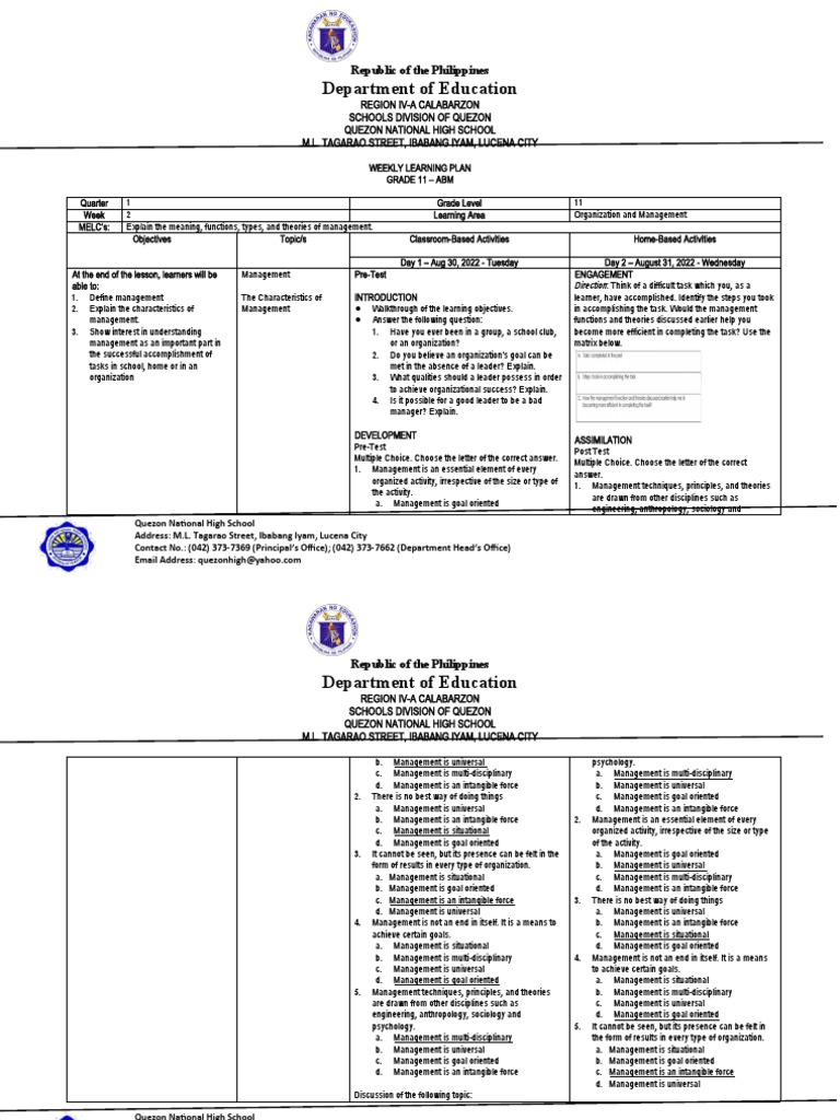 WLP - Organization & Management - Q1 - Week 2 | PDF | Science ...