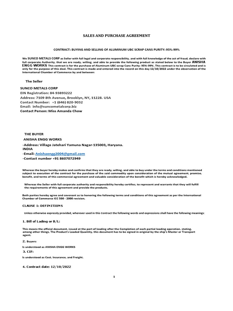 PURCHASE CONTRACT BETWEEN SUNCO METALS CORP. AND ANISHA ENGG WORKS - Signed (Signed) | PDF ...