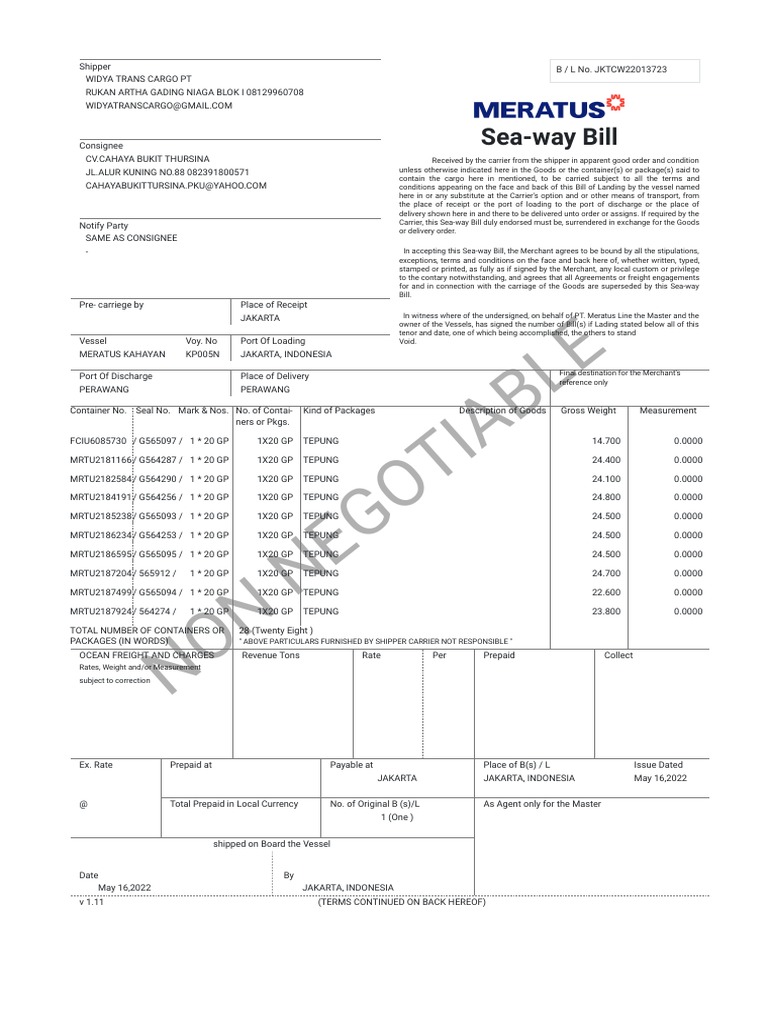 Tiable: Sea-Way Bill | PDF | Cargo | Bill Of Lading