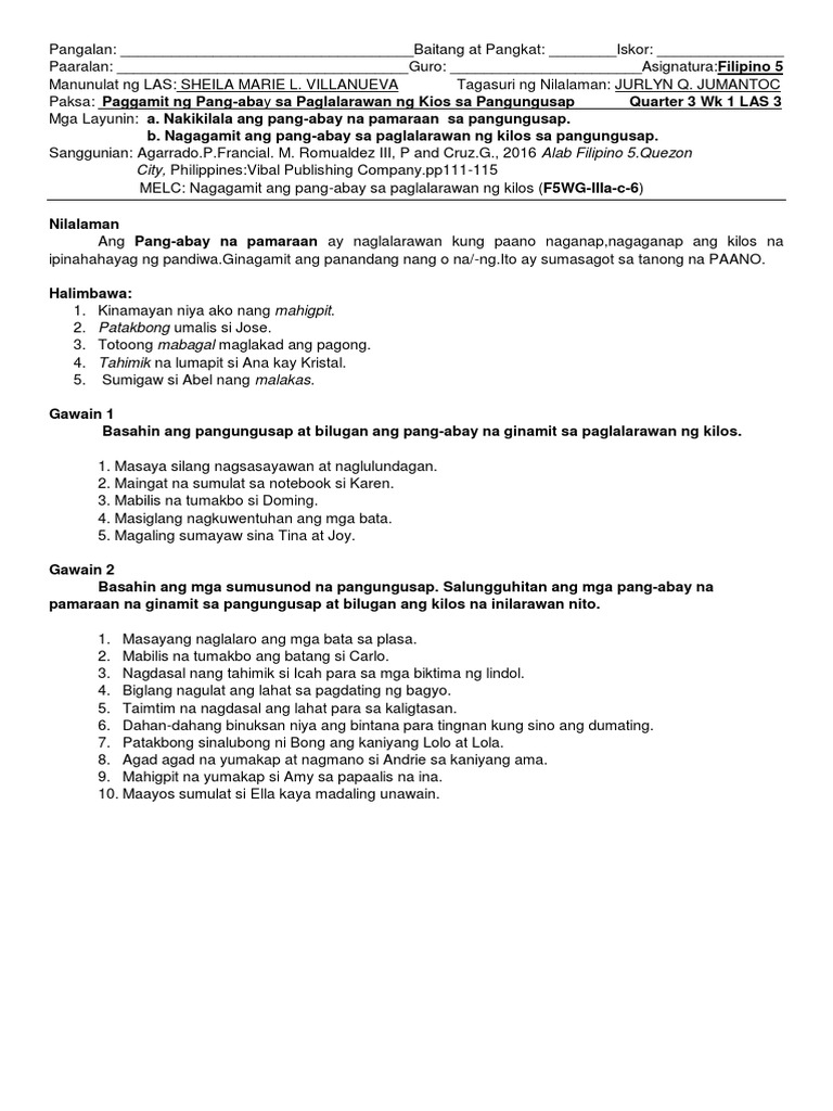 Filipino 5 Quarter 3 Week 1 Las 3 | PDF