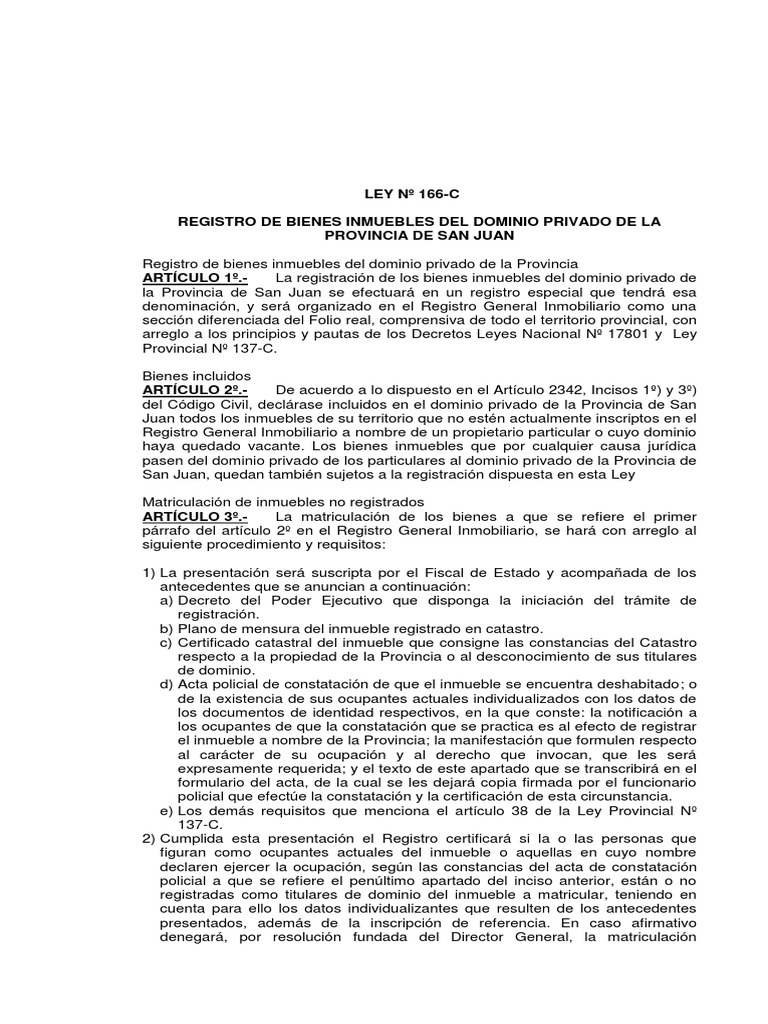 LEY #166-C Registro de Bienes Inmuebles Del Dominio Privado de La Provincia de San Juan | PDF ...