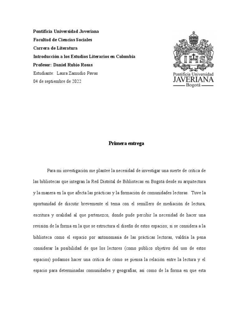 Primera Entrega Introducción A Los Estudios Literarios en Colombia | PDF Primera Entrega Introducción A Los Estudios Literarios en Colombia | PDF