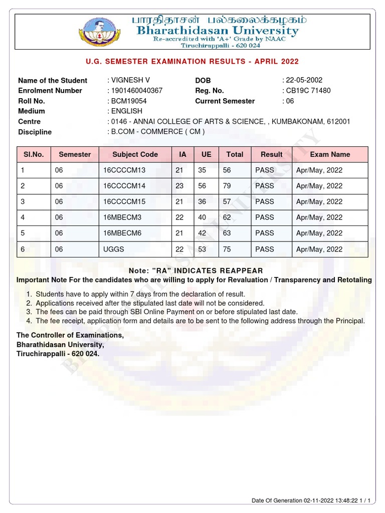 Semester - Result Bharathidasan University Result | PDF