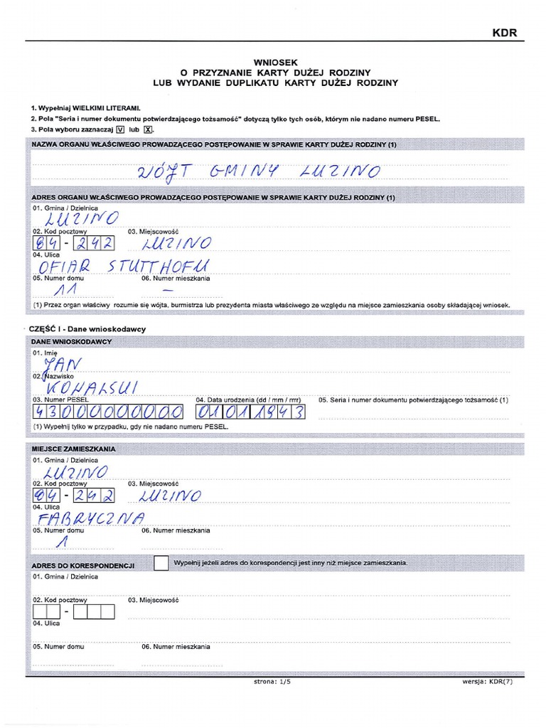 Wzór Wypełnionego Wniosku o Przyznanie Karty Dużej Rodziny Lub Wydanie Duplikatu Karty Dużej ...