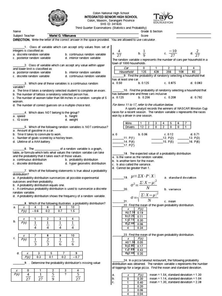 3rd Grading Stat and Prob 2017-2018 | PDF | Probability Distribution | Random Variable