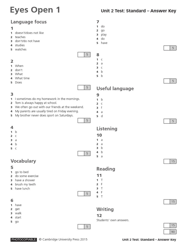 Open Eyes 1 - Unit 2 - Answer Key | PDF