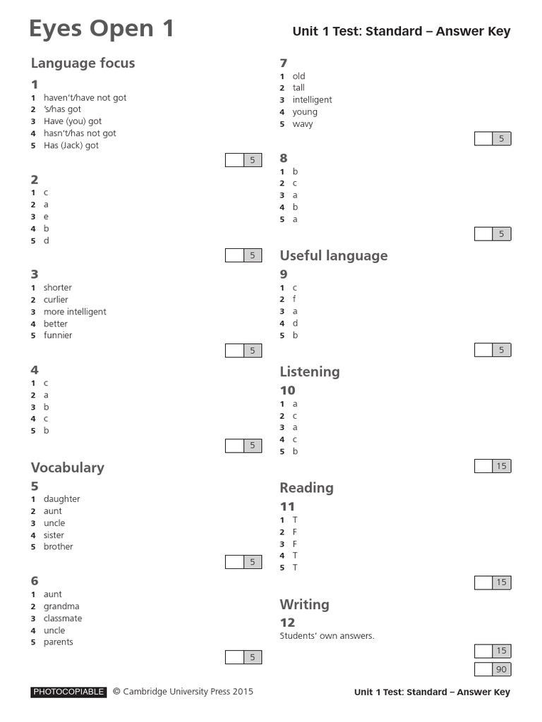 Open Eyes 1 - Unit 1 - Answer Key | PDF | Linguistics | Cognition