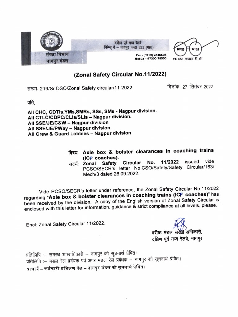 Zonal Safety Circular No 11-2022 Reg-Axle Box & Bolster Clearances in ...