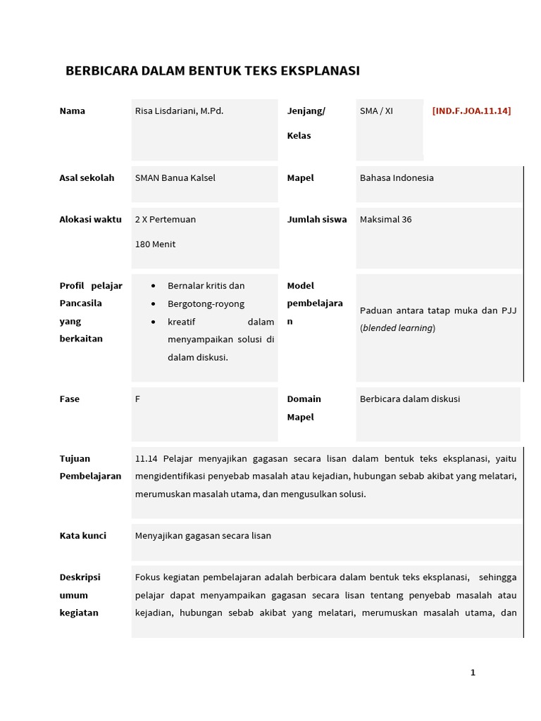 Modul Ajar Bahasa Indonesia - Berbicara Dalam Bentuk Teks Eksplanasi - Fase F | PDF