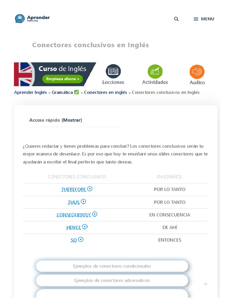 Los Conectores Conclusivos Explicados Con Ejercicios y Ejemplos | PDF ...
