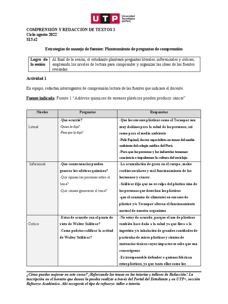 S13.s2 Planteamiento de Preguntas de Comprensión (Trabajo Individual ...