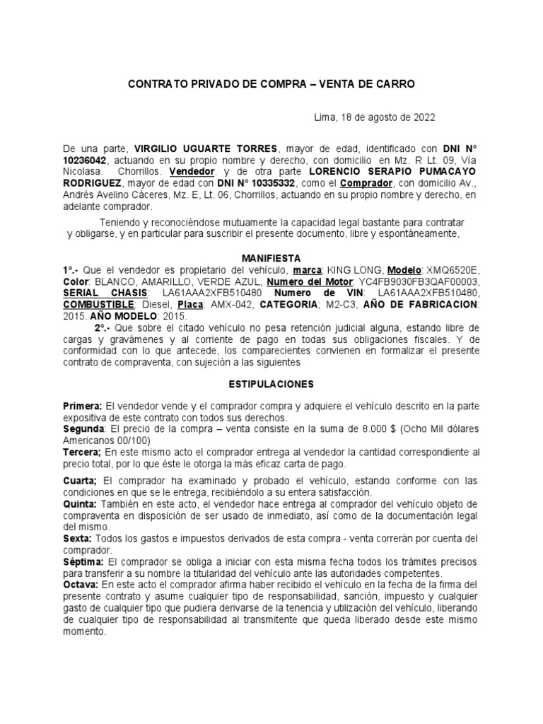 Contrato de Compra Venta Vehiculo | PDF
