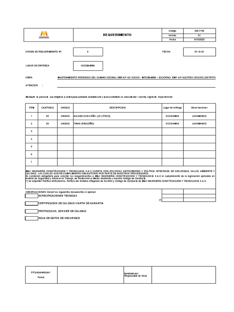 SIG-F-97 Formato Orden de Requerimiento | PDF