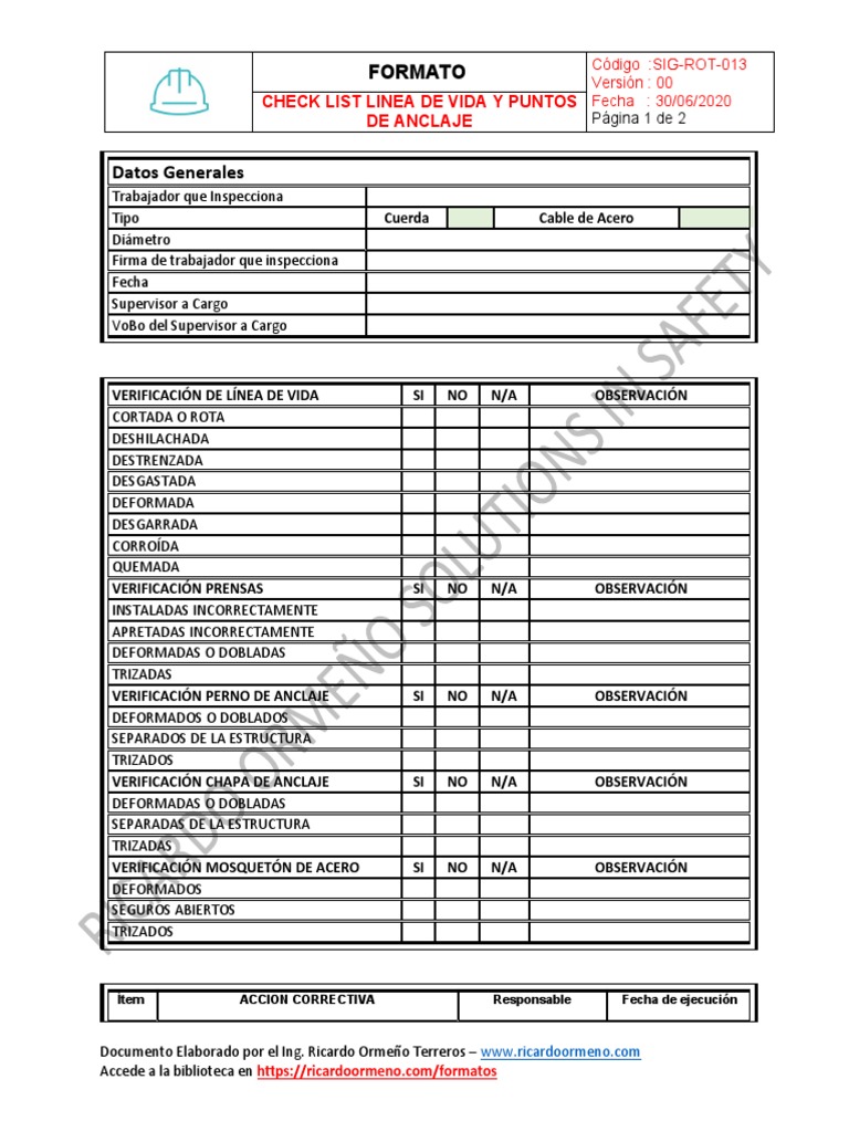 SIG-ROT-013 Check List Linea de Vida y Puntos de Anclaje | PDF
