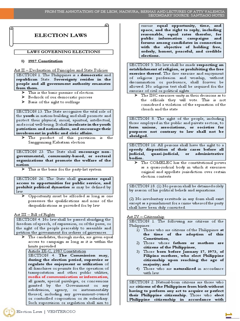 Philippine Election Laws Overview | PDF | Suffrage | Elections