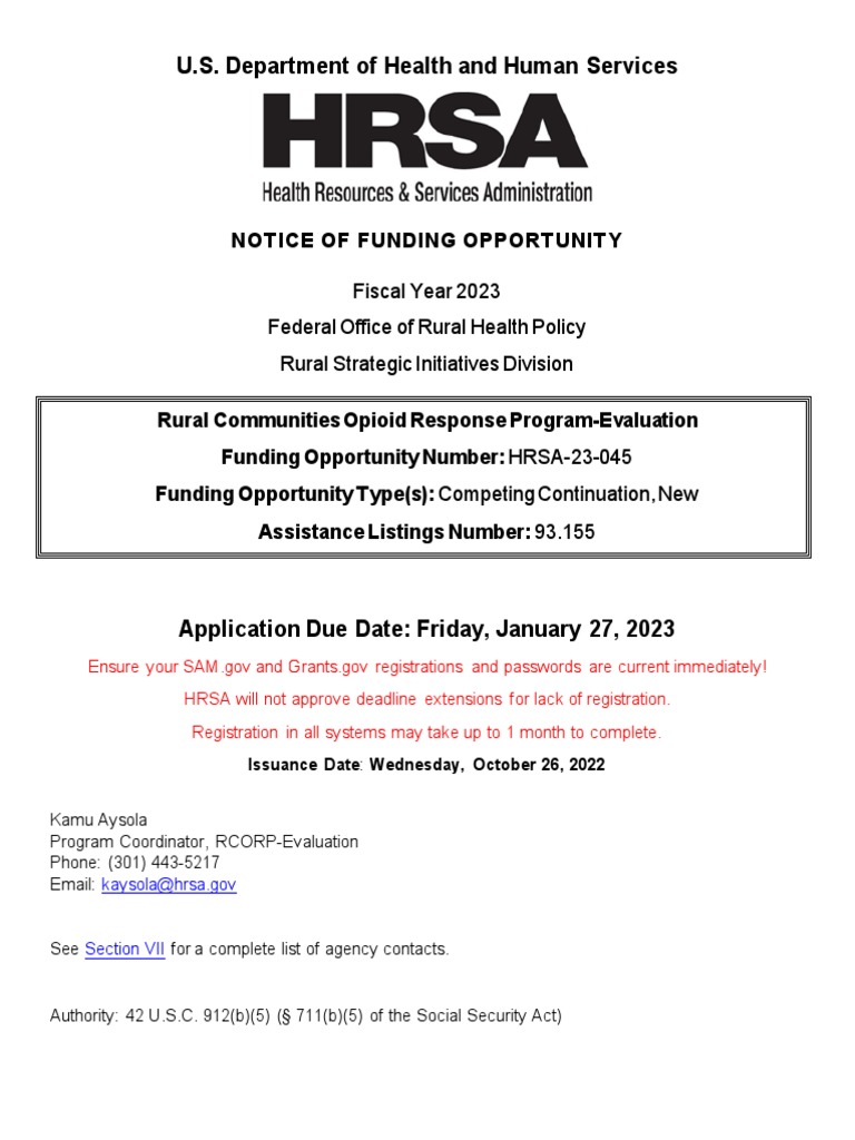 FORHP HRSA-23-045 (U3C) RCORP-Evaluation - FINAL | PDF | Evaluation | Goal