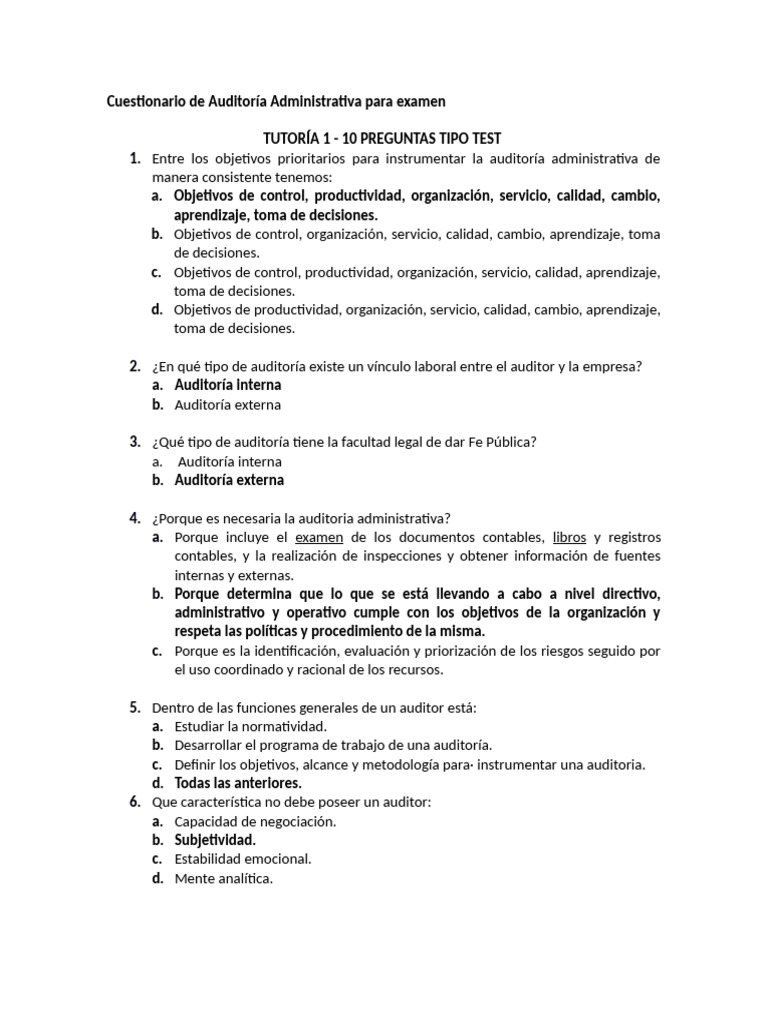 Cuestionario de Auditor A Administrativa para Examen | PDF | Auditoría | Calidad (comercial)
