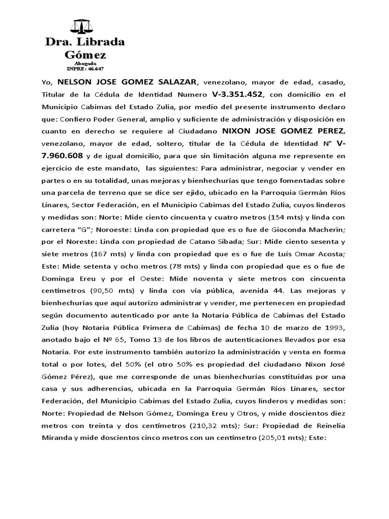 Documento que otorga un poder general amplio y suficiente para la ...
