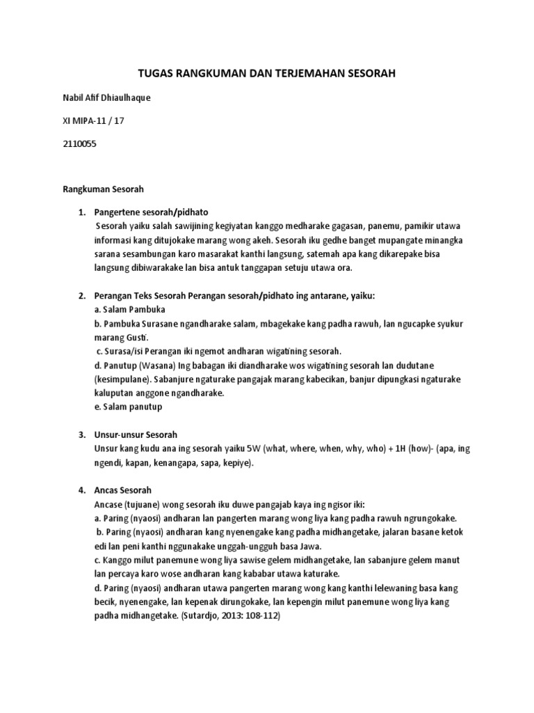 Tugas Rangkuman Dan Terjemahan Sesorah | PDF