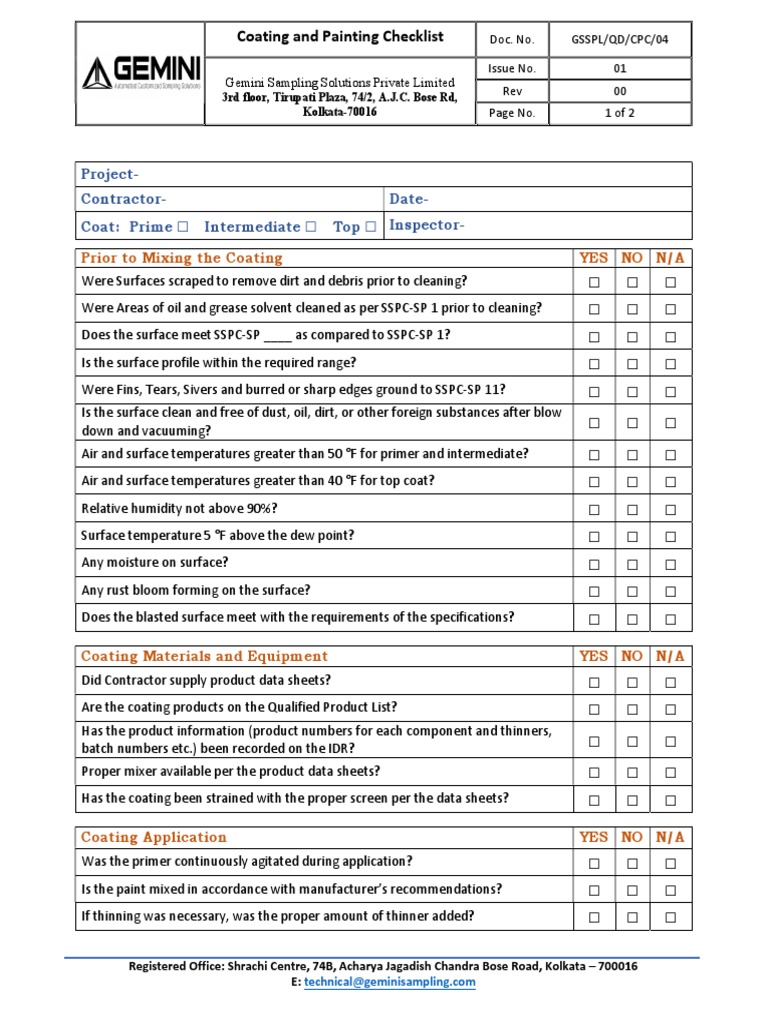 Coating and Painting Inspection Checklist | Download Free PDF ...