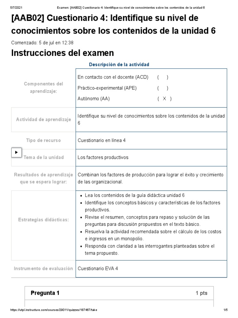 Examen - (AAB02) Cuestionario 4 - Identifique Su Nivel de Conocimientos Sobre Los Contenidos de ...