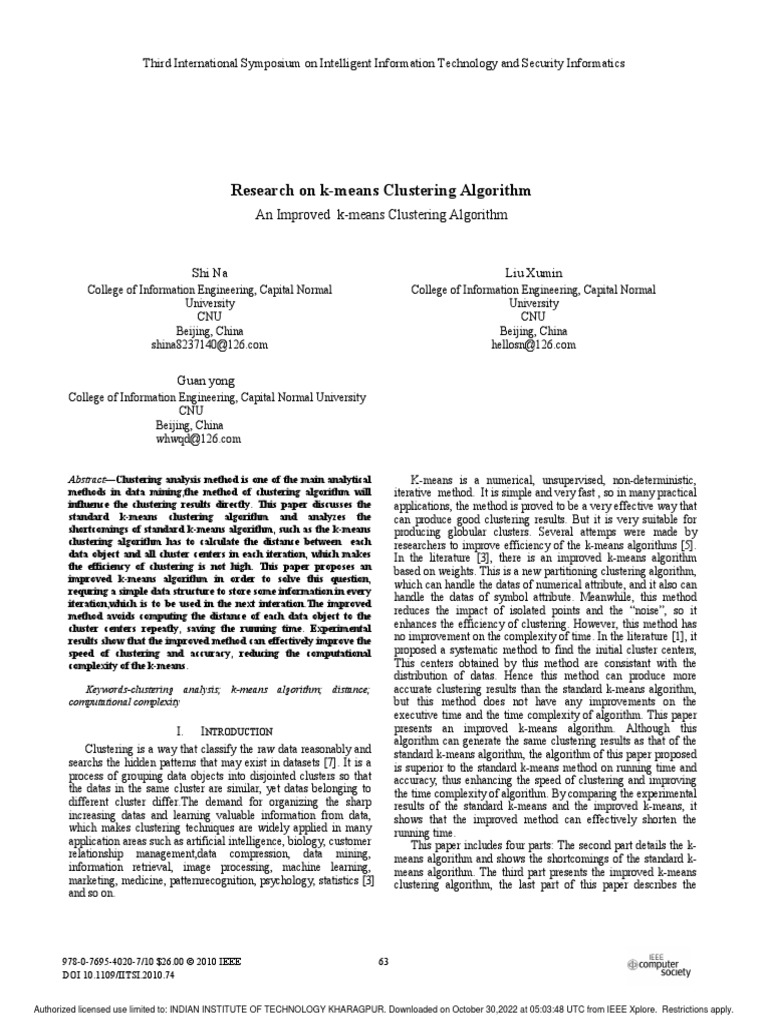 Research On K Means Clustering Algorithm An Improved K Means Clustering Algorithm Pdf