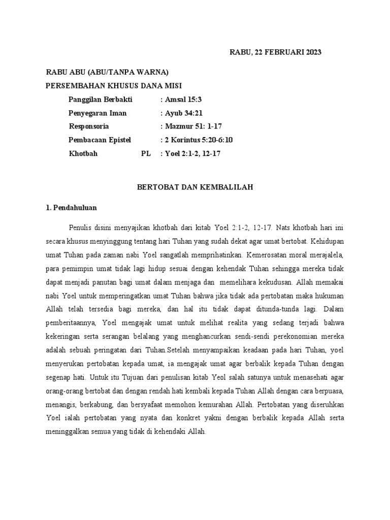 Khotbah Yoel 2 | PDF | Filsafat | Kajian Bahasa Asing