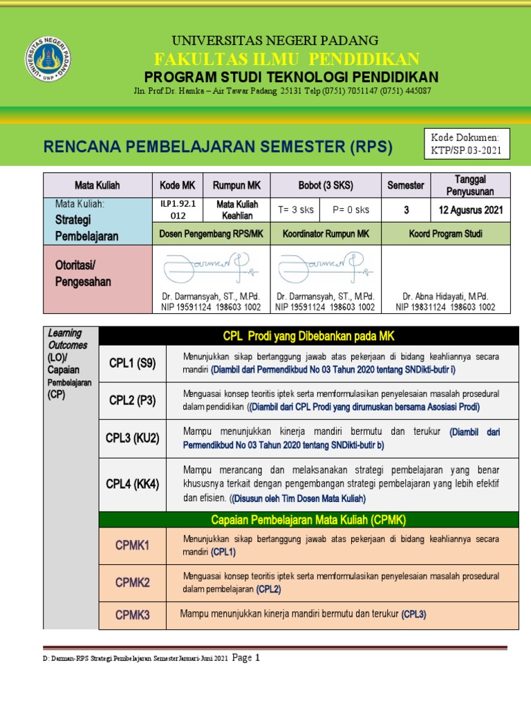 Darman - Model 1 Contoh RPS-OBE-MBKM Strategi Pembelajaran | PDF