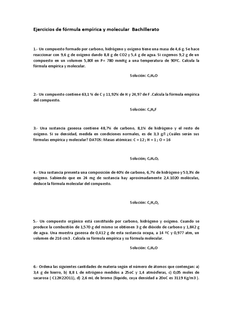 Ejercicios de Fórmula Empírica y Molecular Bachillerato | PDF | Oxígeno | Hidrógeno