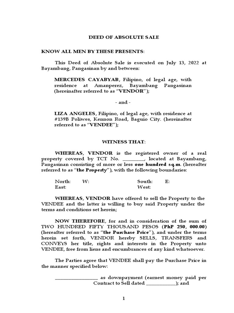 Deed of Absolute Sale Land (2) | PDF | Deed | Notary Public