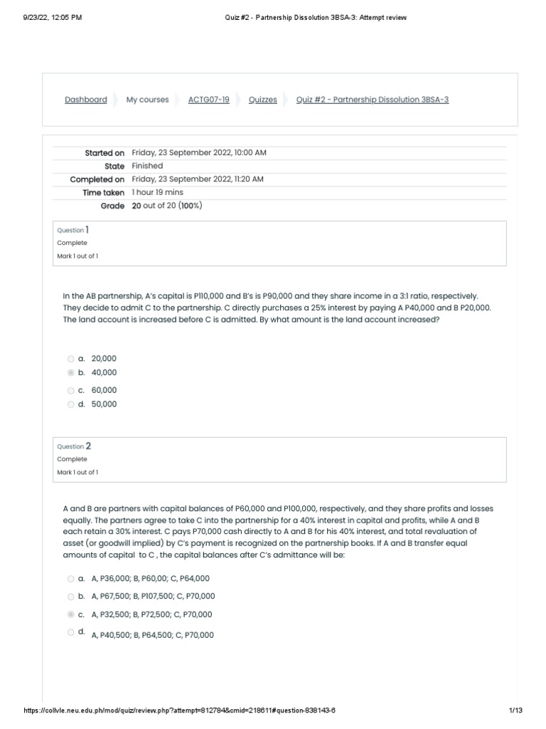 Quiz #2 - Partnership Dissolution 3BSA-3 - Attempt Review | PDF