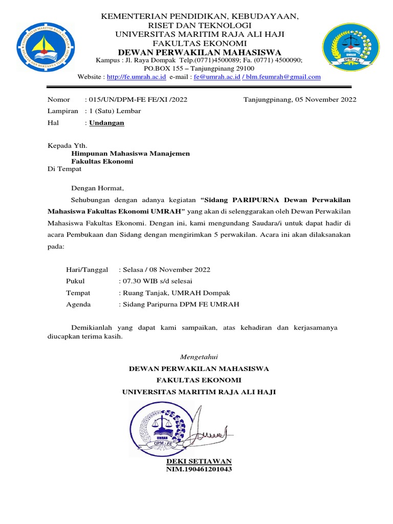 015.undangan Sidang Paripurna DPM - Himpunan Mahasiswa Manajemen | PDF