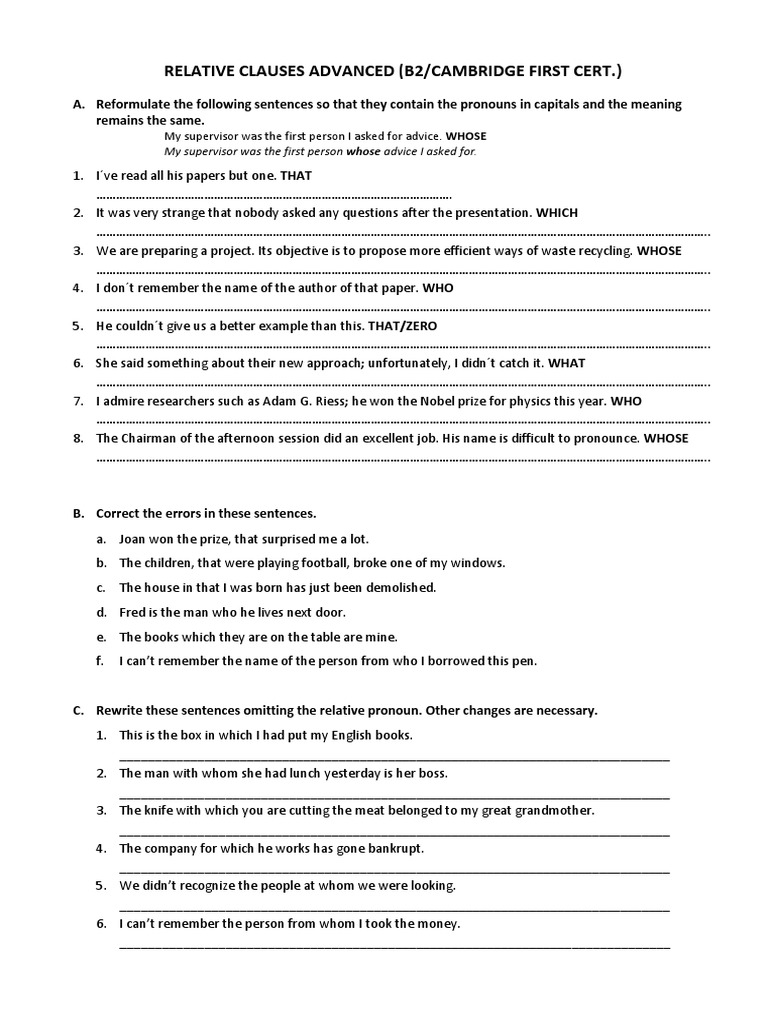 Relative Clauses Advanced Activities | PDF | Language Mechanics | Human ...