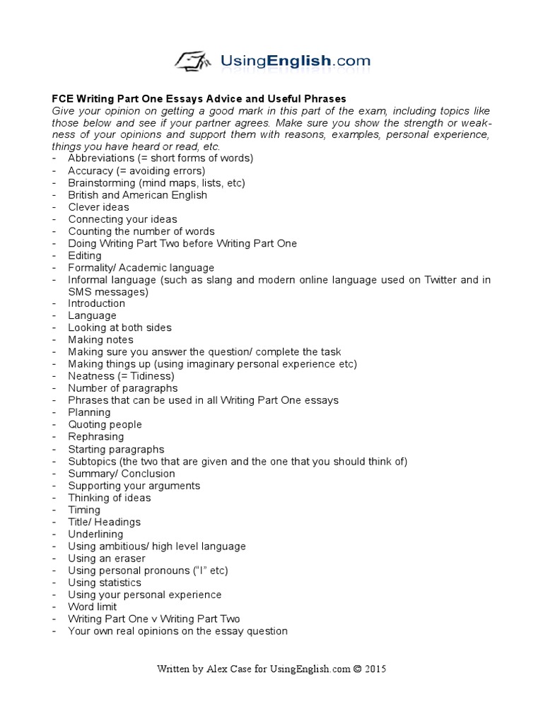 Fce Cambridge First Certificate Writing Part One Essays Advice and ...