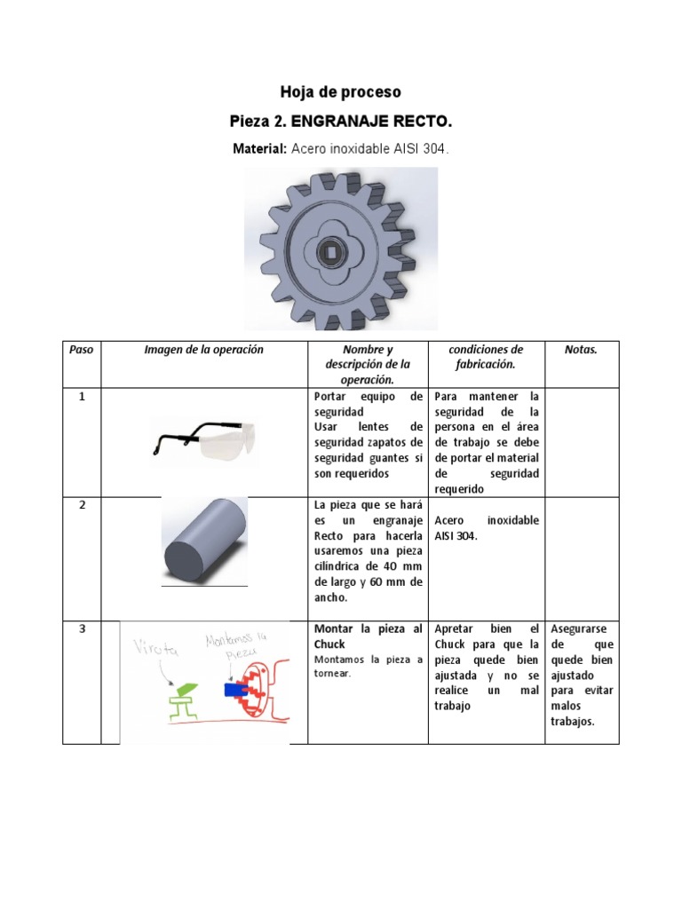 Hoja de Proceso-Pieza 2 Engranaje Recto | PDF | Engranaje | Máquinas