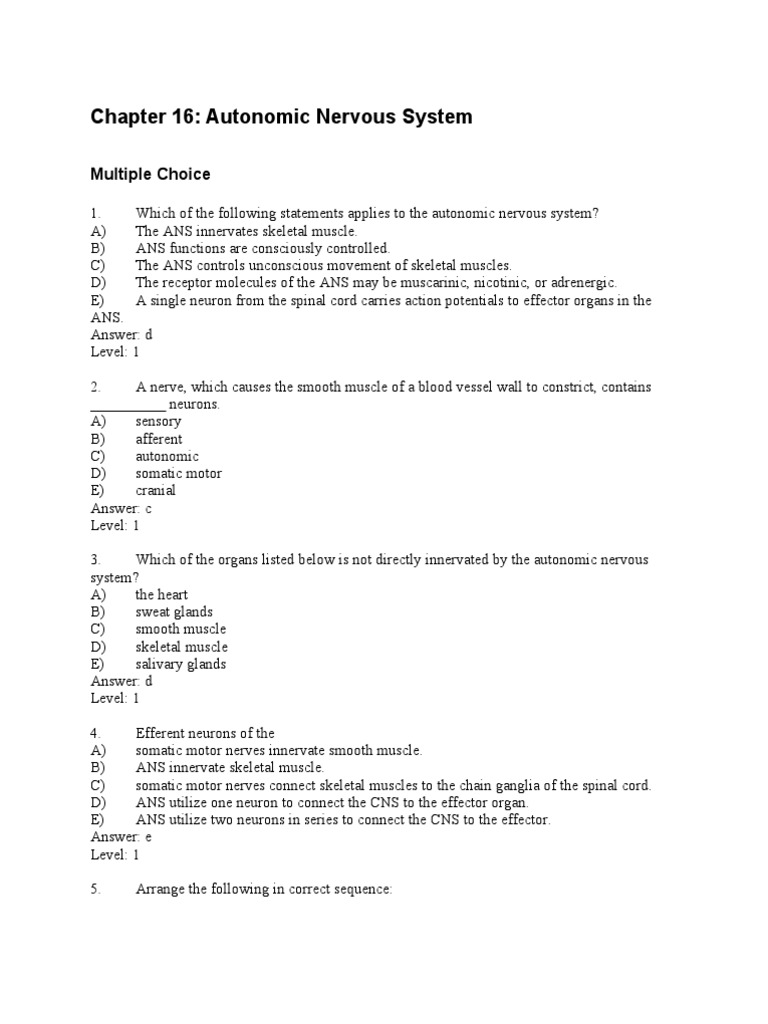 Chapter 16: Autonomic Nervous System: Multiple Choice | PDF | Autonomic ...