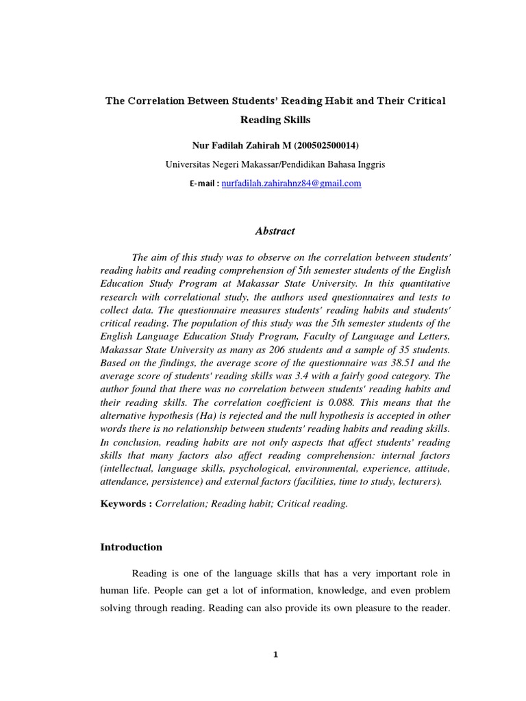 Correlation Between Students' Reading Habit and Their Critical Reading Skills | PDF | Hypothesis ...